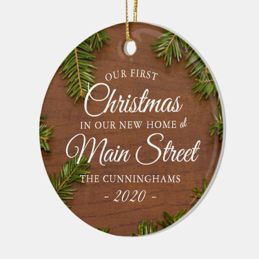 Our First Christmas New Home Rustic Pine Wood Ceramic Ornament | Zazzle