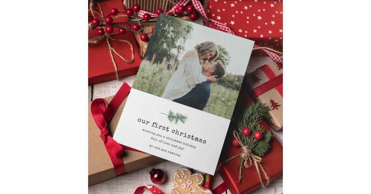 Our First Christmas Photo Holly Newlywed Christmas Holiday Card | Zazzle