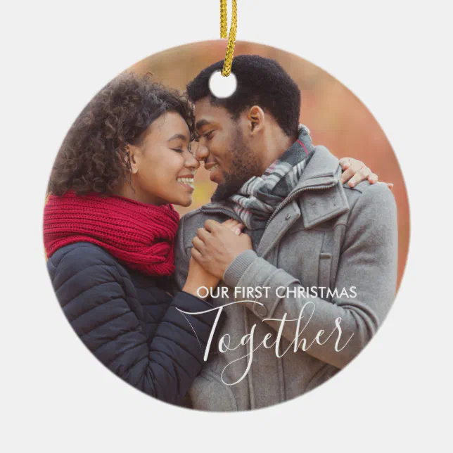 Our First Christmas Together White Overlay Photo Ceramic Ornament | Zazzle