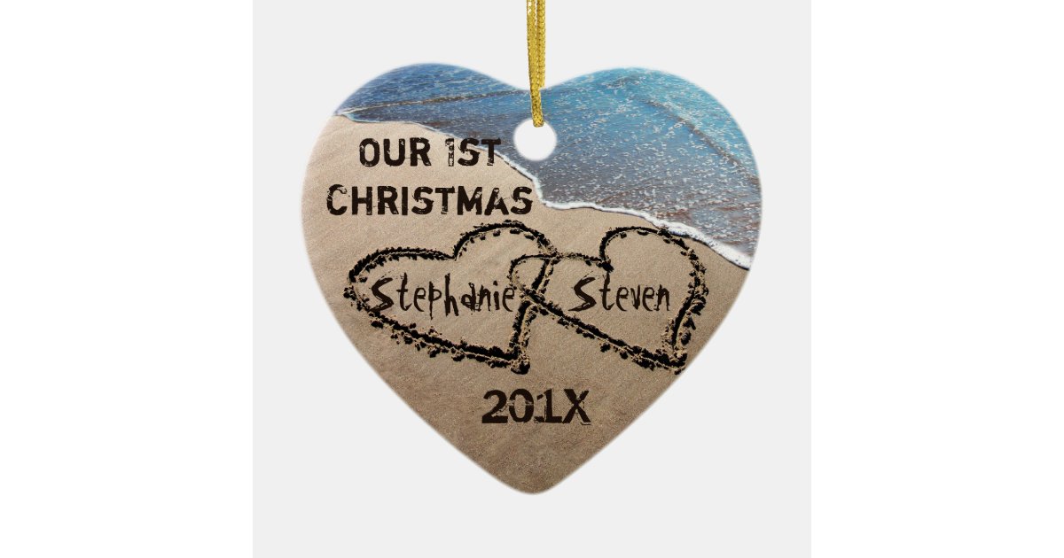 Our First Christmas Two Hearts In Sand Ornament | Zazzle