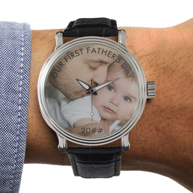 Our First Fathers Day Custom Dad and Baby Photo Watch | Zazzle