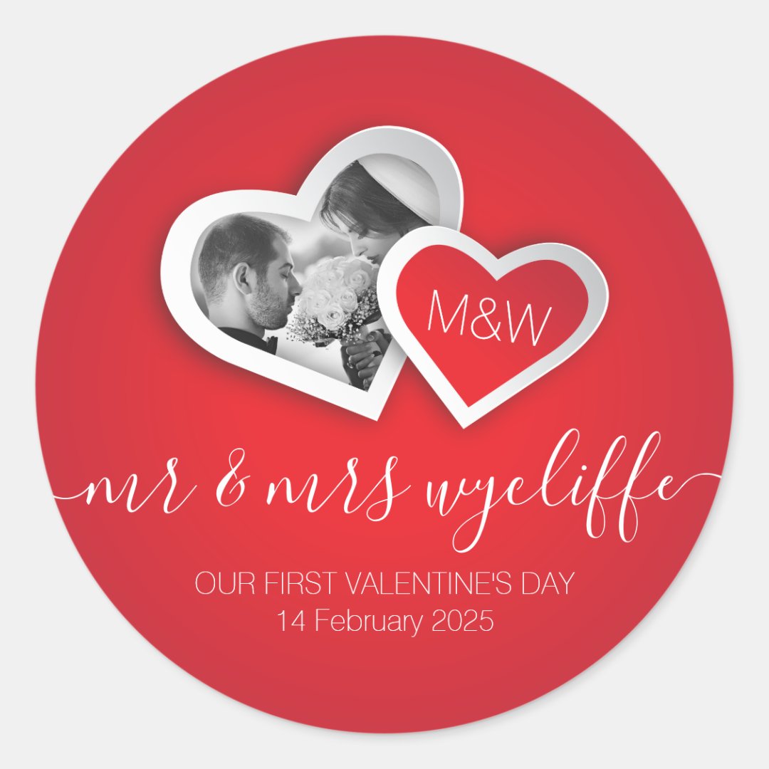 Our First Valentine’s Day as Mr & Mrs Heart Photo Classic Round Sticker ...