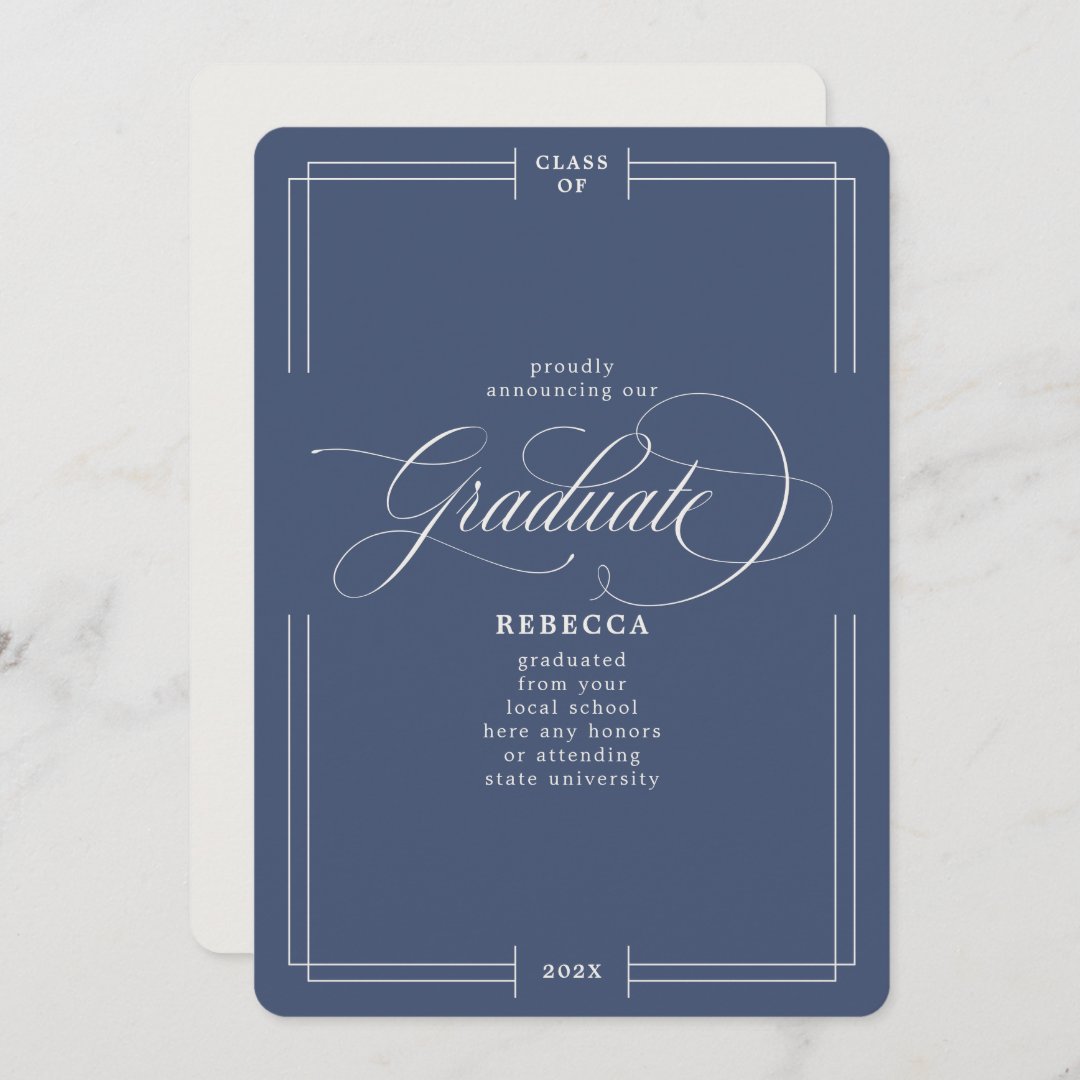 Our Graduate Classic Script Blue No Pic Graduation Announcement | Zazzle
