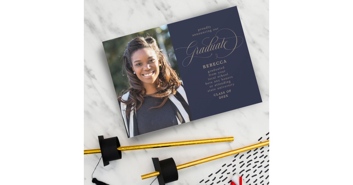 Our Graduate Classic Script Navy Photo Graduation Announcement | Zazzle