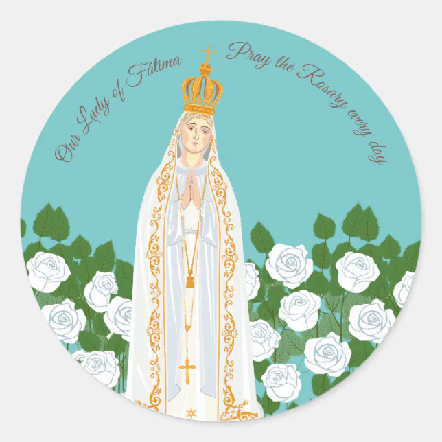 Our Lady of Fatima and white roses Classic Round Sticker | Zazzle