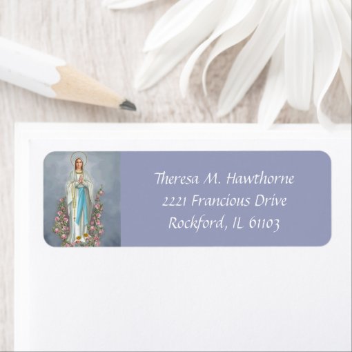 Our Lady of Lourdes Rosary Virgin Mary Roses Label | Zazzle