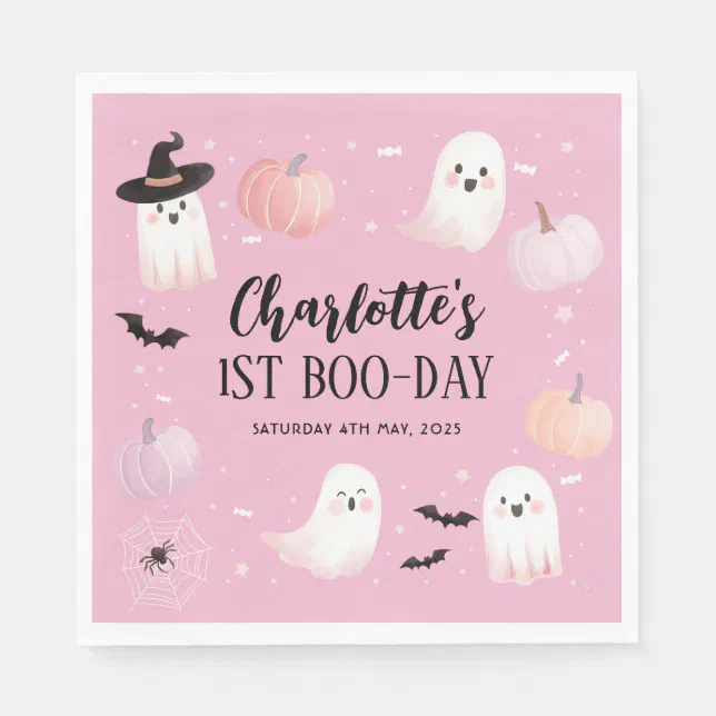 Our little Boo Girls 1st Birthday Halloween Pink Napkins | Zazzle