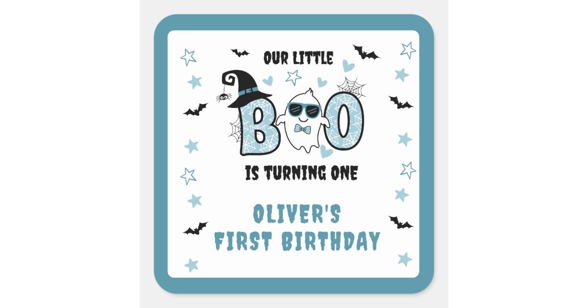 OUR LITTLE BOO IS TURNING ONE BLUE 1ST BIRTHDAY SQUARE STICKER | Zazzle