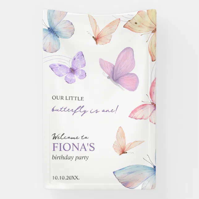 Our little butterfly Girl's 1st birthday Welcome Banner | Zazzle