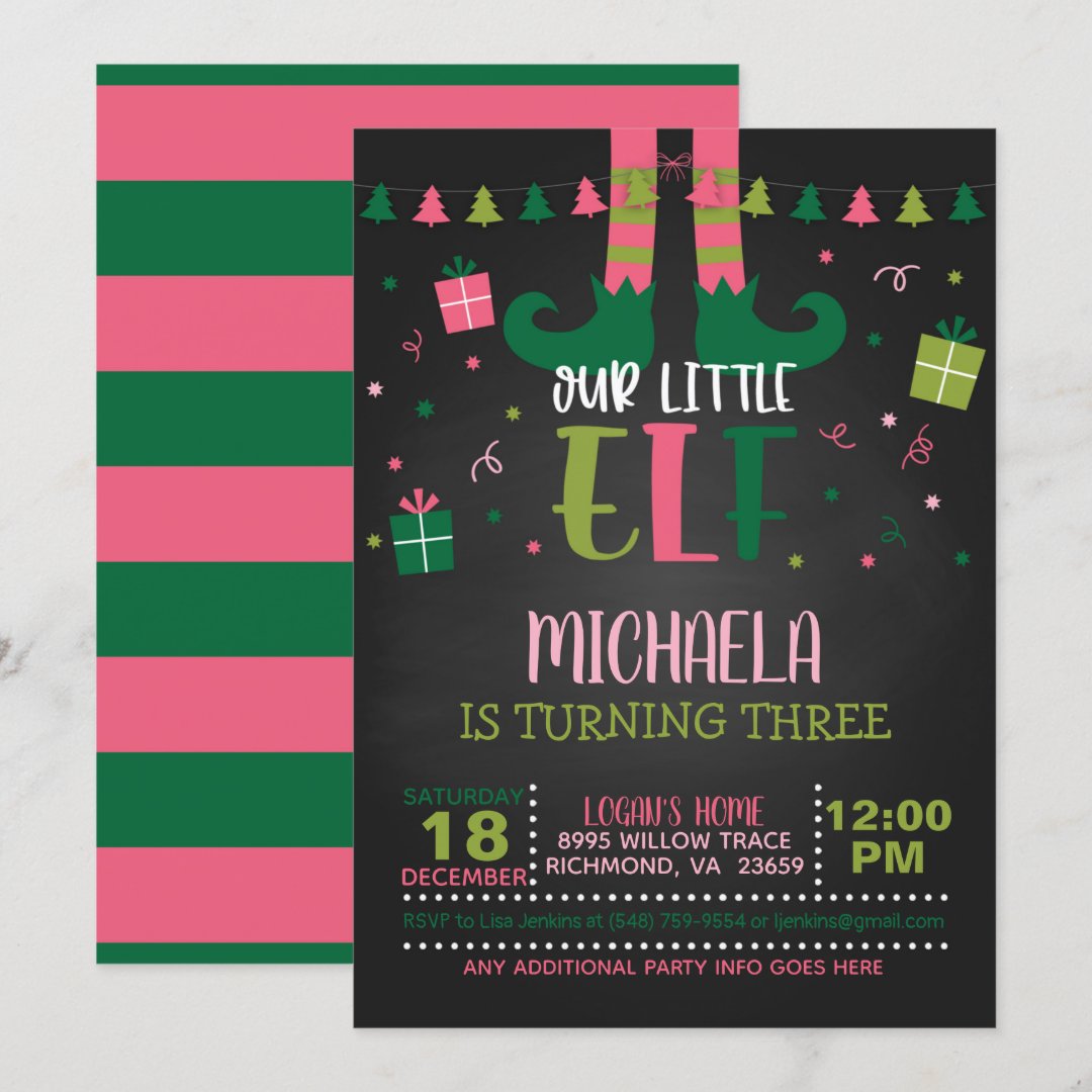 Our Little Elf Birthday Invitation - Girl - Blk | Zazzle
