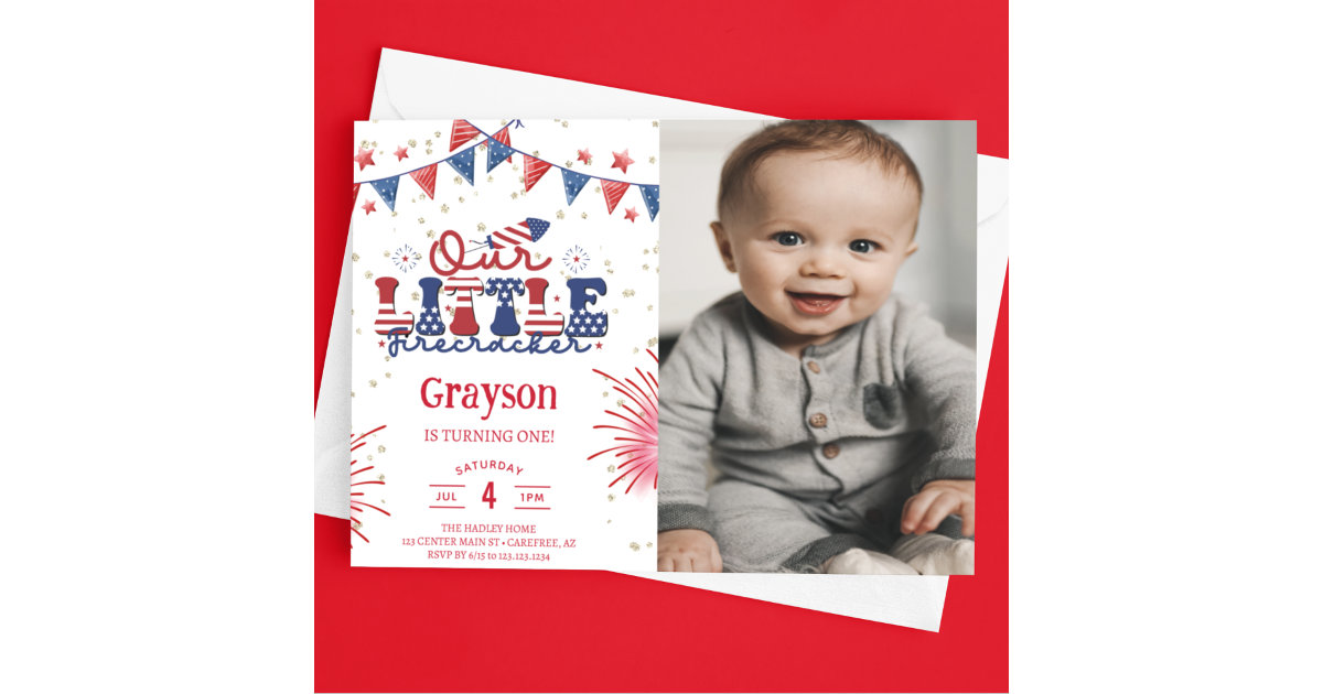 Our Little Firecracker 1st Birthday Party Photo Invitation | Zazzle