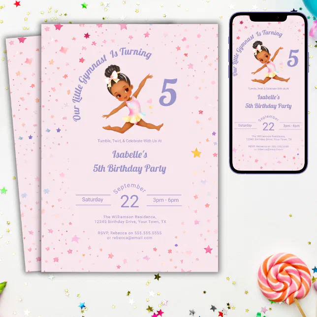 Our Little Gymnast Is Turning 5 Pink Birthday Invitation | Zazzle
