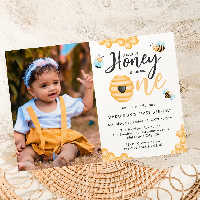 Our Little Honey | First Birthday Photo Invitation | Zazzle