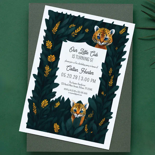 Our Little Leopard Cub Jungle Leaves Cute Birthday Invitation | Zazzle