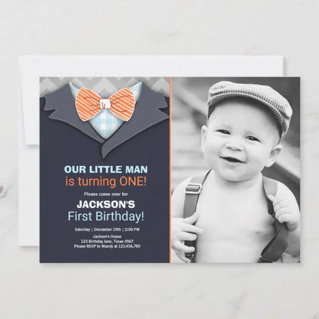 Our Little Man Birthday Invitation Boy Bow Tie | Zazzle