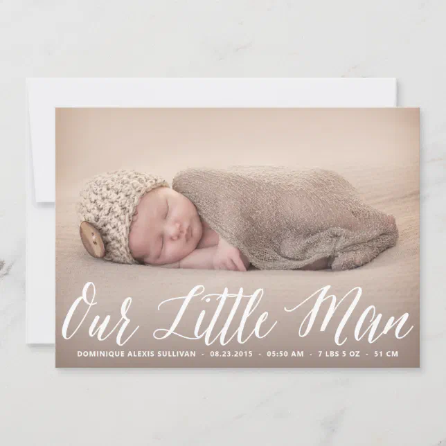 Our Little Man Script Photo Birth Announcement | Zazzle