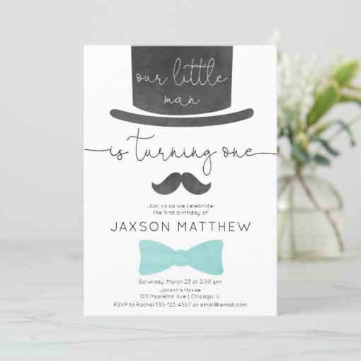Our little man turquoise aqua boy 1st birthday invitation | Zazzle