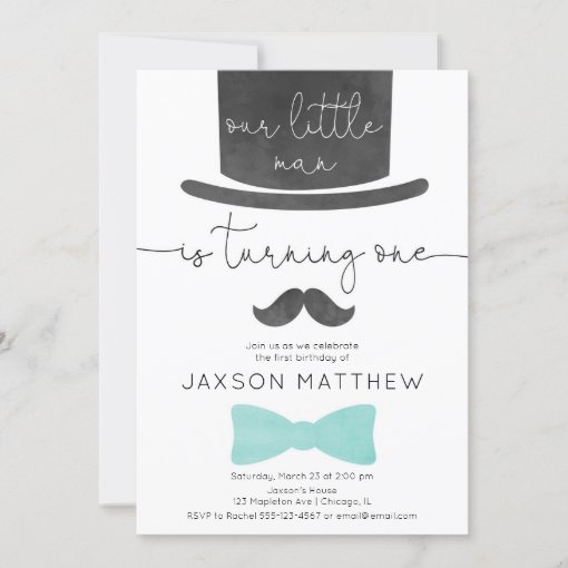 Our little man turquoise aqua boy 1st birthday invitation | Zazzle