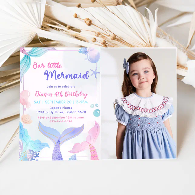 Our Little Mermaid 4th Birthday Party Photo Invitation | Zazzle