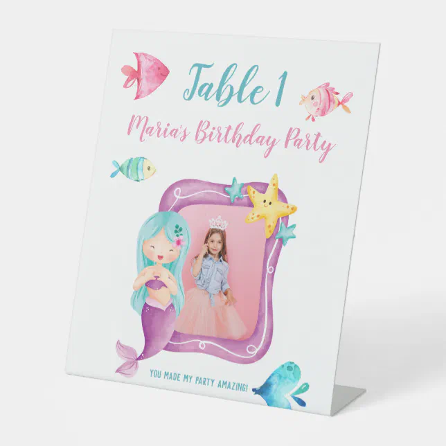 Our Little Mermaid Photo Birthday Table number Pedestal Sign | Zazzle