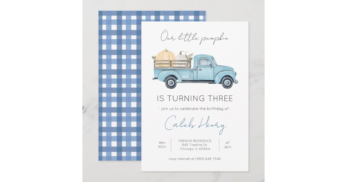 Our Little Pumpkin/Blue Truck Birthday invitation | Zazzle