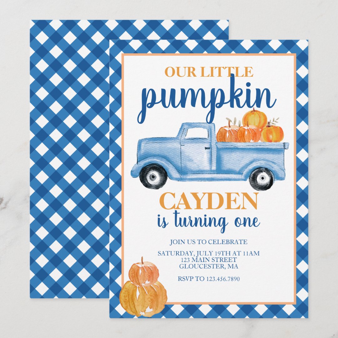 Our Little Pumpkin Blue truck Fall Birthday Invitation | Zazzle