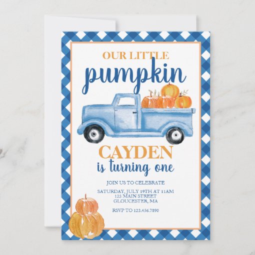 Our Little Pumpkin Blue truck Fall Birthday Invitation | Zazzle