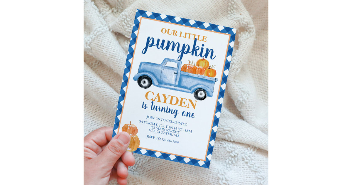 Our Little Pumpkin Blue truck Fall Birthday Invitation | Zazzle
