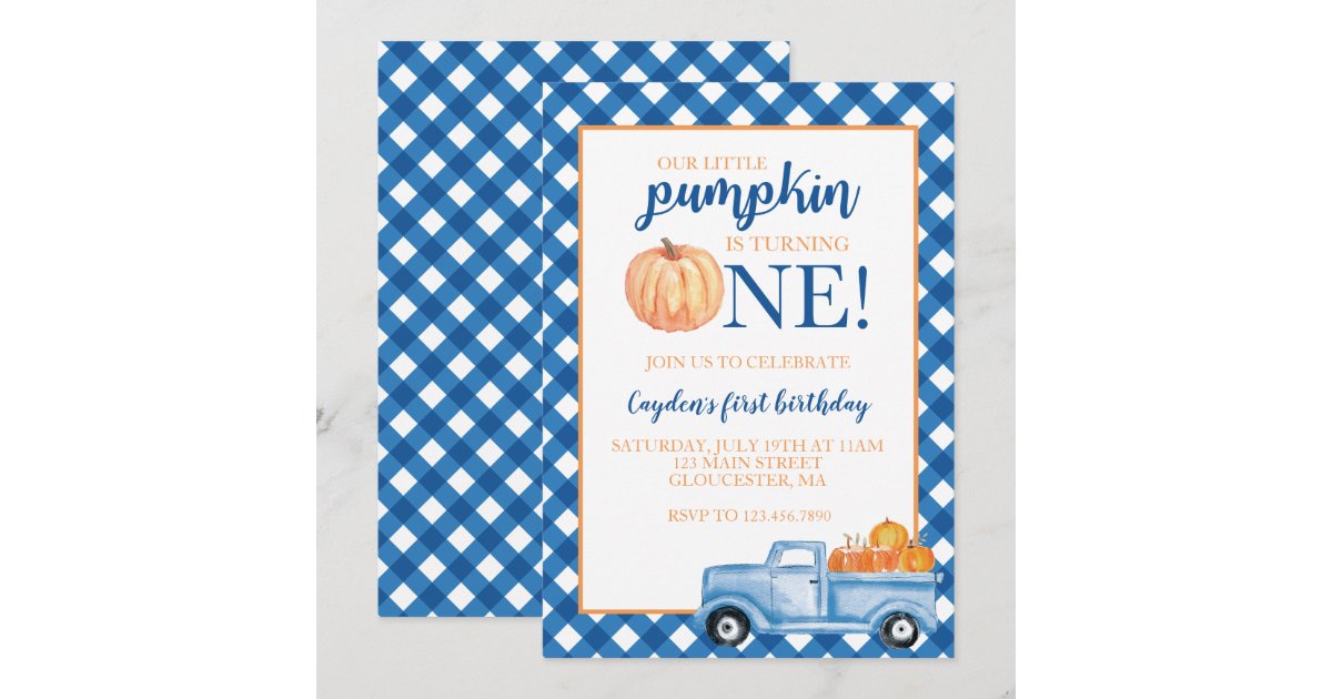 Our Little Pumpkin blue truck fall first birthday Invitation | Zazzle