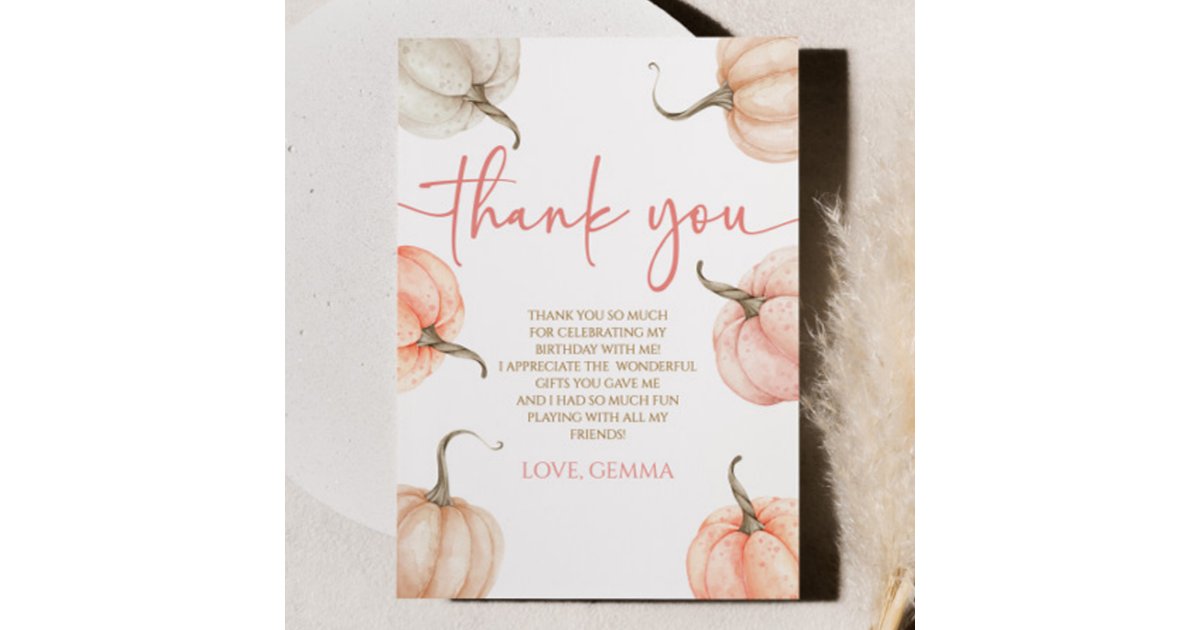 Our Little Pumpkin Pink White Fall Birthday Party Thank You Card | Zazzle