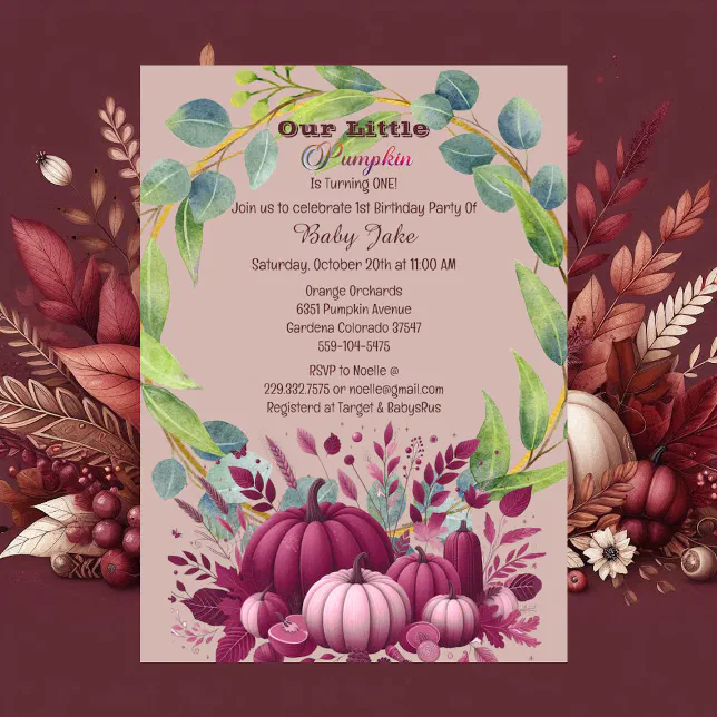 Our Little Pumpkin Purple 1st Birthday Fall Wreath Invitation | Zazzle