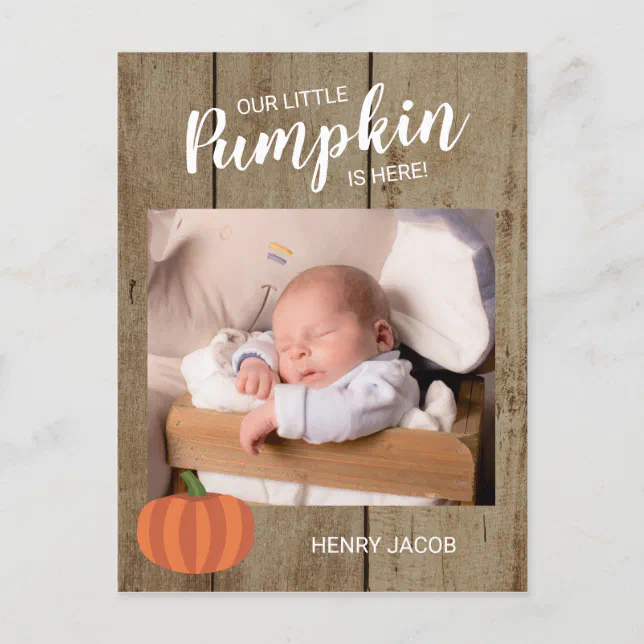 Our Little Pumpkin Rustic Fall Birth Announcement Postcard | Zazzle