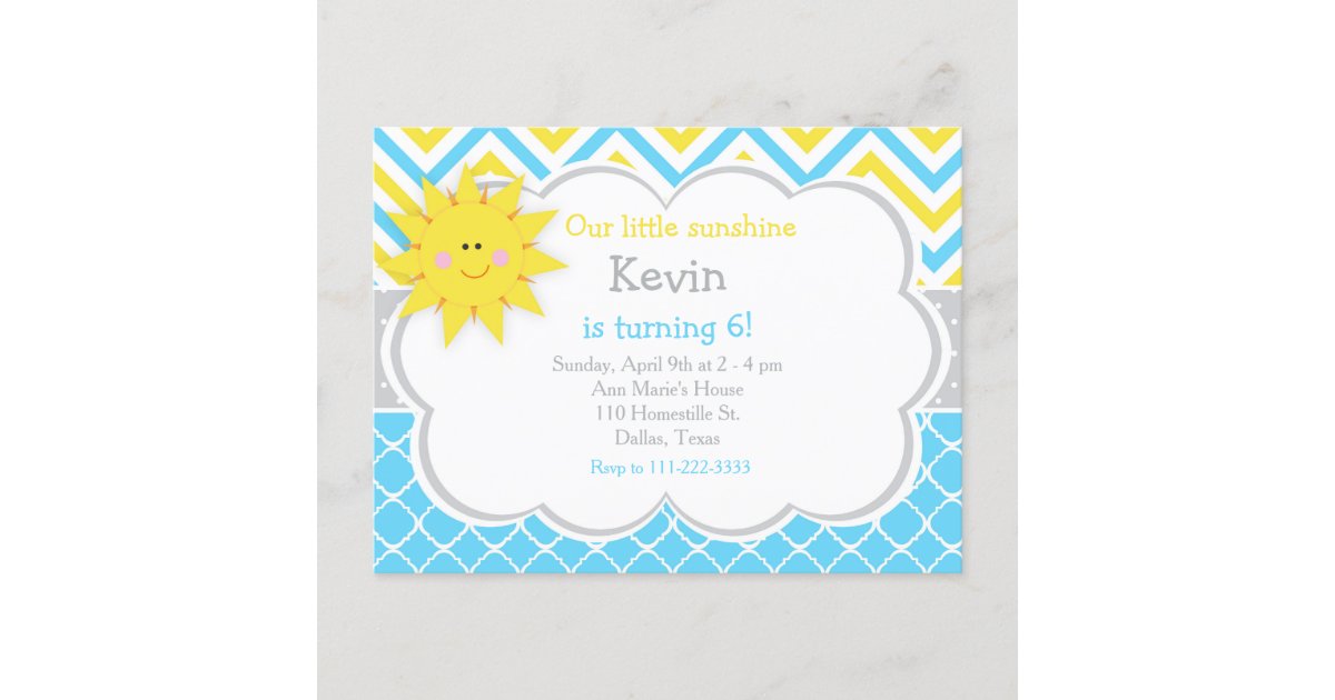 Our little Sunshine Blue and Yellow Birthday Party Postcard | Zazzle