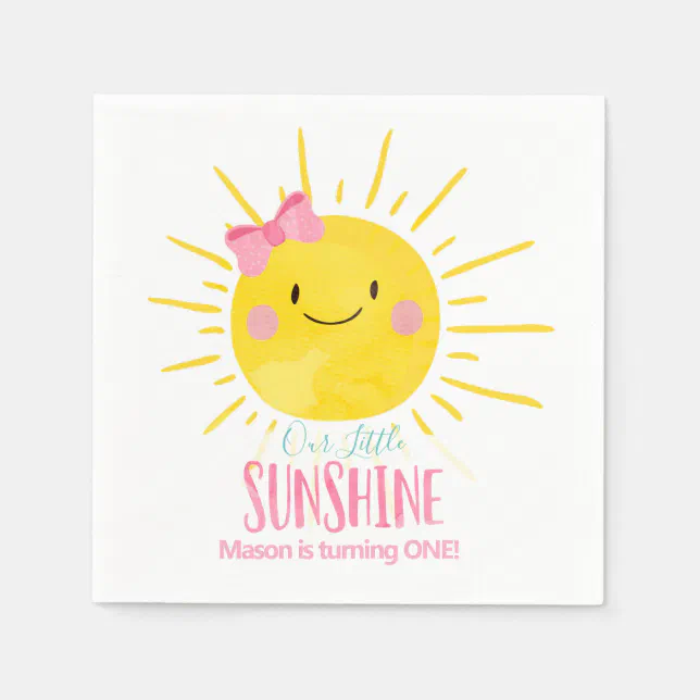 Our Little Sunshine Pink Girl Bow Summer Birthday Napkins | Zazzle
