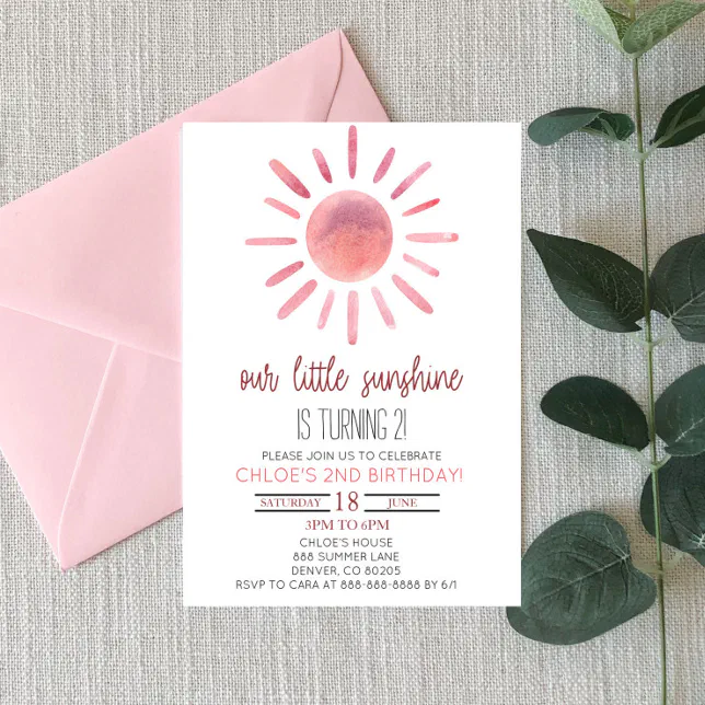Our Little Sunshine Pink Sun Birthday Party Invitation | Zazzle