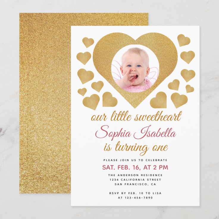 Our Little Sweetheart Photo Gold Heart Birthday Invitation | Zazzle