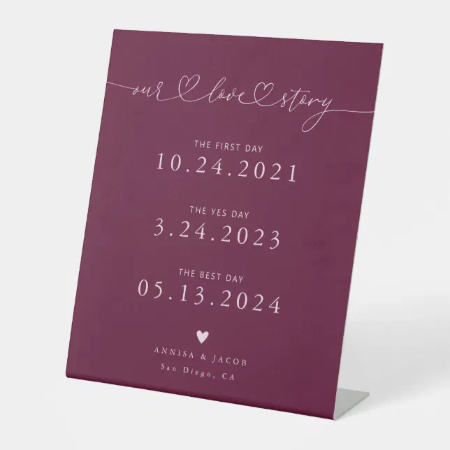 Our Love Story Hearts Cranberry Wedding Timeline Pedestal Sign | Zazzle
