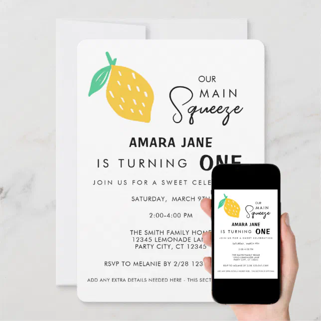 Our Main Squeeze Lemon Theme Birthday Invitation | Zazzle
