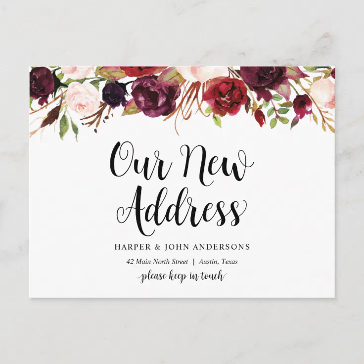 Our New Address, burgundy floral, Announcement Postcard | Zazzle
