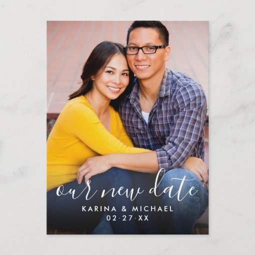 Our New Date Handwritten Script Wedding Photo Announcement Postcard ...
