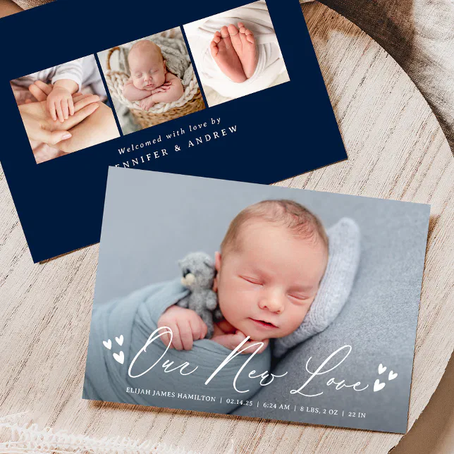 Our New Love Script 4 Photo Birth Announcement | Zazzle