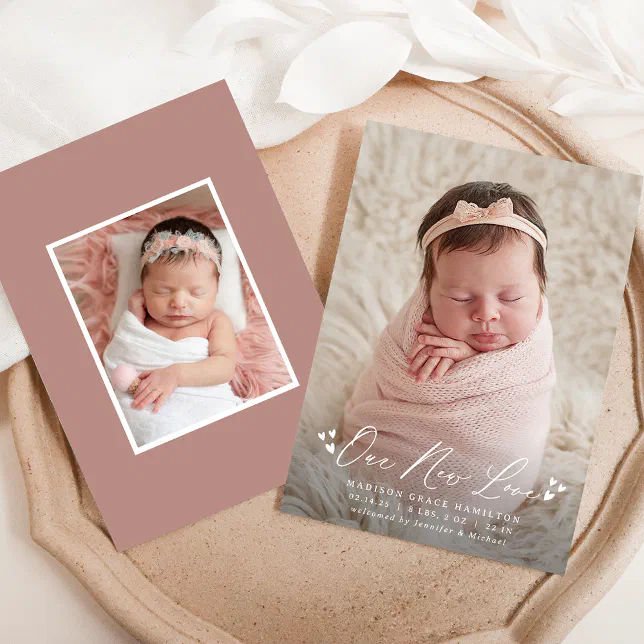 Our New Love Script Photo Birth Announcement | Zazzle