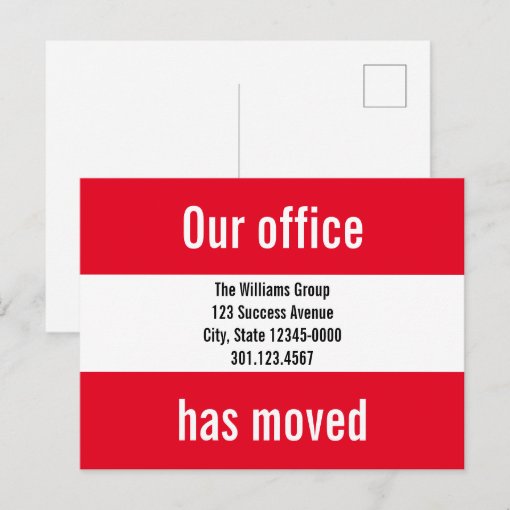Our Office Has Moved Bright Red & White Moving Announcement Postcard ...