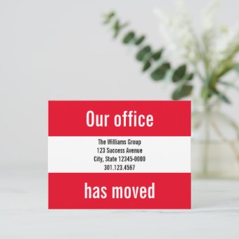 Our Office Has Moved Bright Red & White Moving Announcement Postcard ...