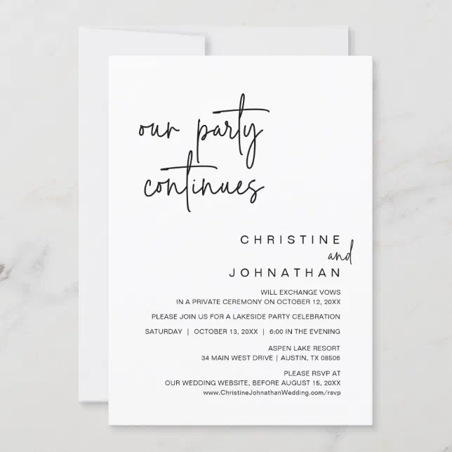 Our Party Continues, Wedding Elopement Dinner Invi Invitation | Zazzle