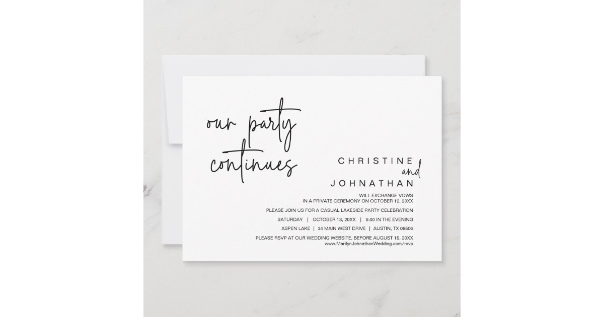 Our Party Continues, Wedding Elopement Dinner Invi Invitation | Zazzle