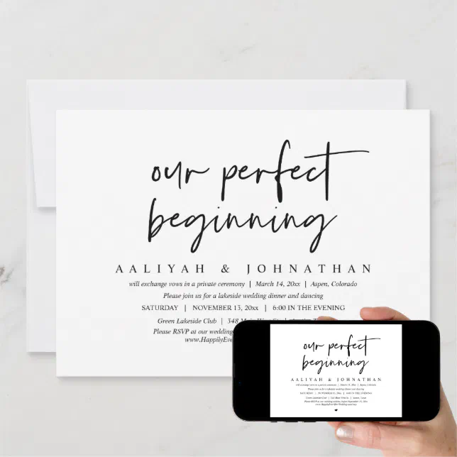 Our Perfect Beginning, Wedding Elopement Party Invitation | Zazzle