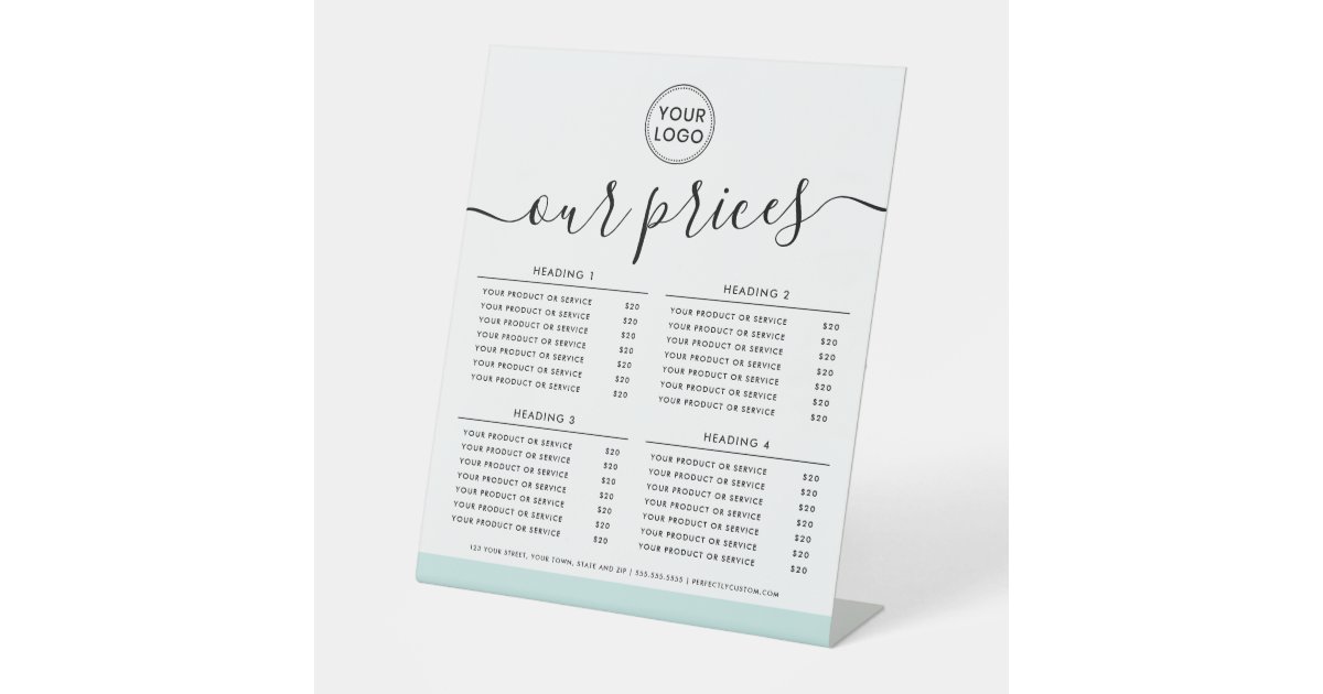 Our prices logo light aqua blue border price list pedestal sign | Zazzle