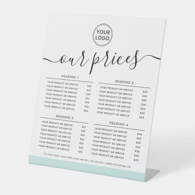 Our prices logo light aqua blue border price list pedestal sign | Zazzle