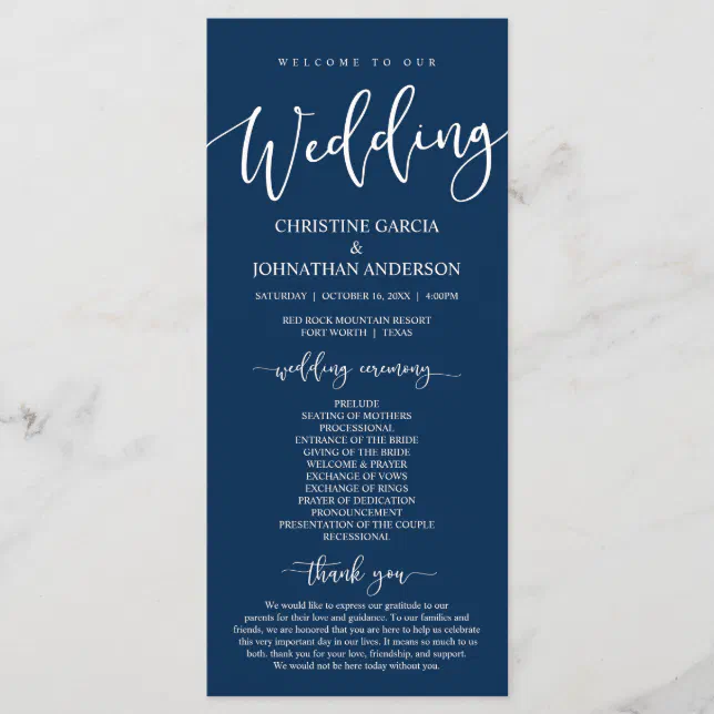 Our Wedding Ceremony, Classy Navy Blue Program | Zazzle